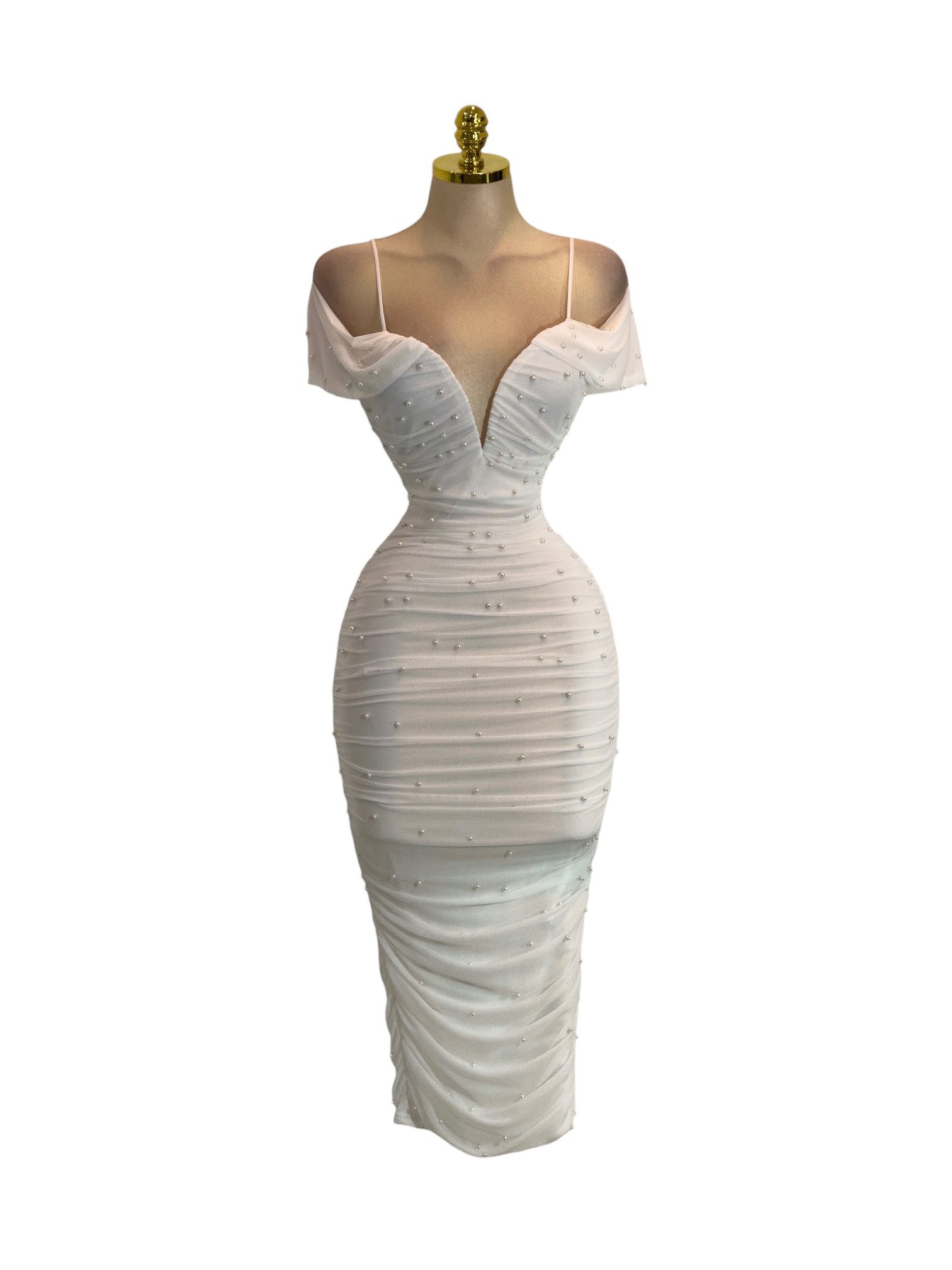 Vestido Midi Blanco Con Aplicaciones Tipo Perla – Divazza